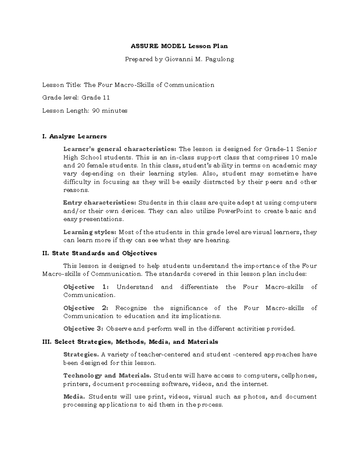 ASSURE MODEL Lesson Plan on 4 Macro-Skills of Comm. (Grade 11) - Studocu