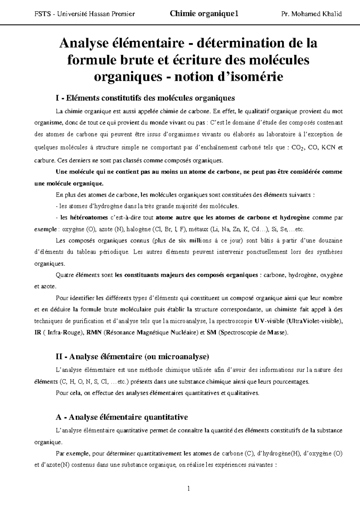 Chapitre 2 - Analyse Élémentaire des Molécules Organiques - Studocu