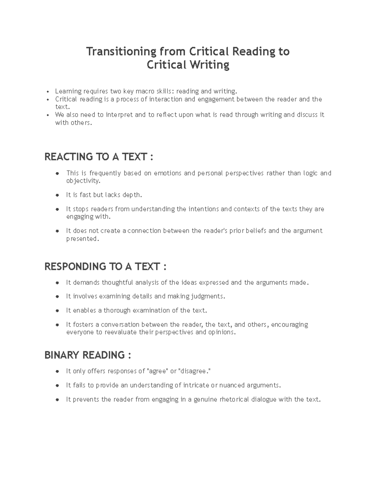 THE Nature OF Critical Writing - Transitioning from Critical Reading to ...
