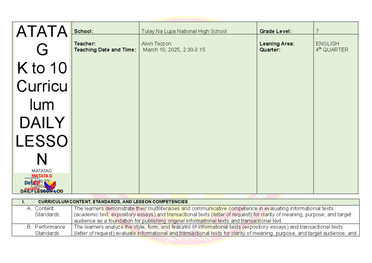 ATATA G K to 10 Curriculum Daily Lesson Log: Identifying Text Types ...
