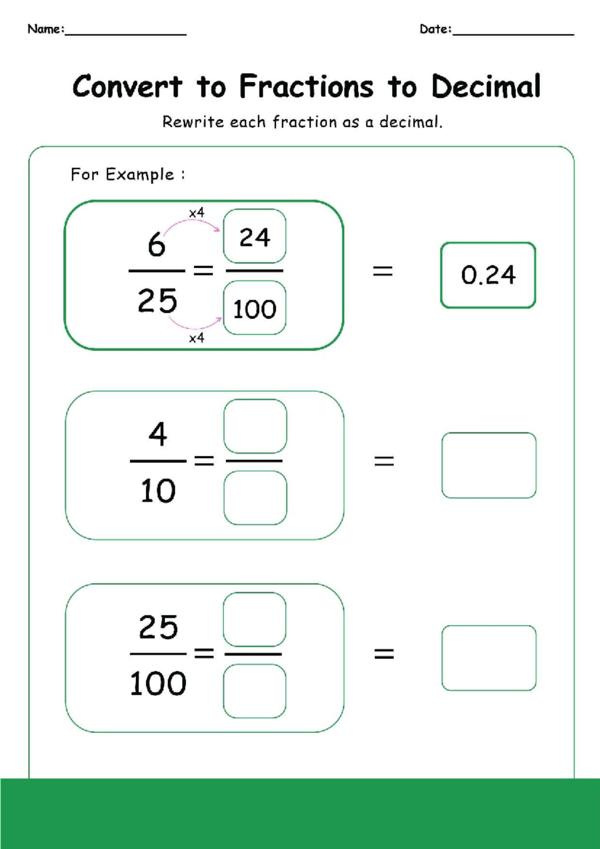 Converting Fractions to Decimals - 4th Grade Worksheet - Name: Date: Convert to Fractions to ...