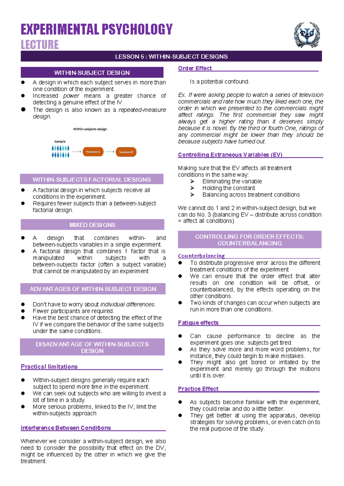 Experimental Psychology PSY 101: Lecture Lesson 5 - Within-Subject Design - Studocu