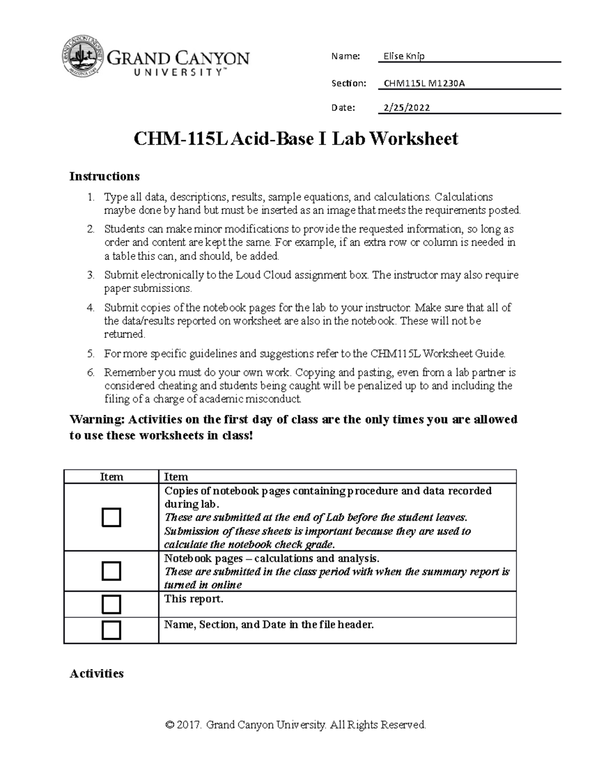 Acid Base I - Acid/Base lab for chem 115L - Section: CHM115L M1230A ...