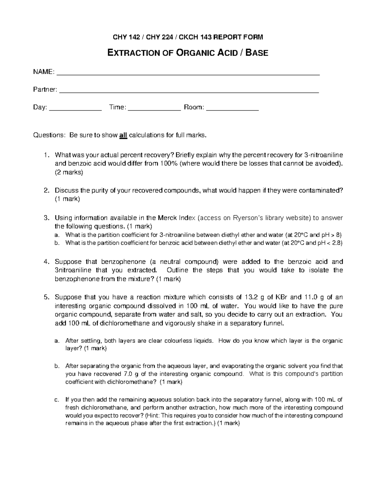 Extraction Report Form for CHY 142 / CHY 224 / CKCH 143 Lab Experiment ...