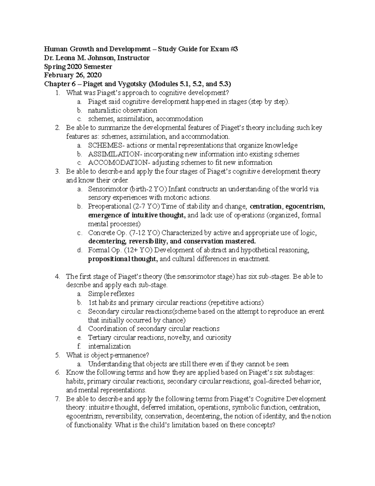 Human Growth & Development - Study Guide for Exam #3 (Chapters 6-7 ...