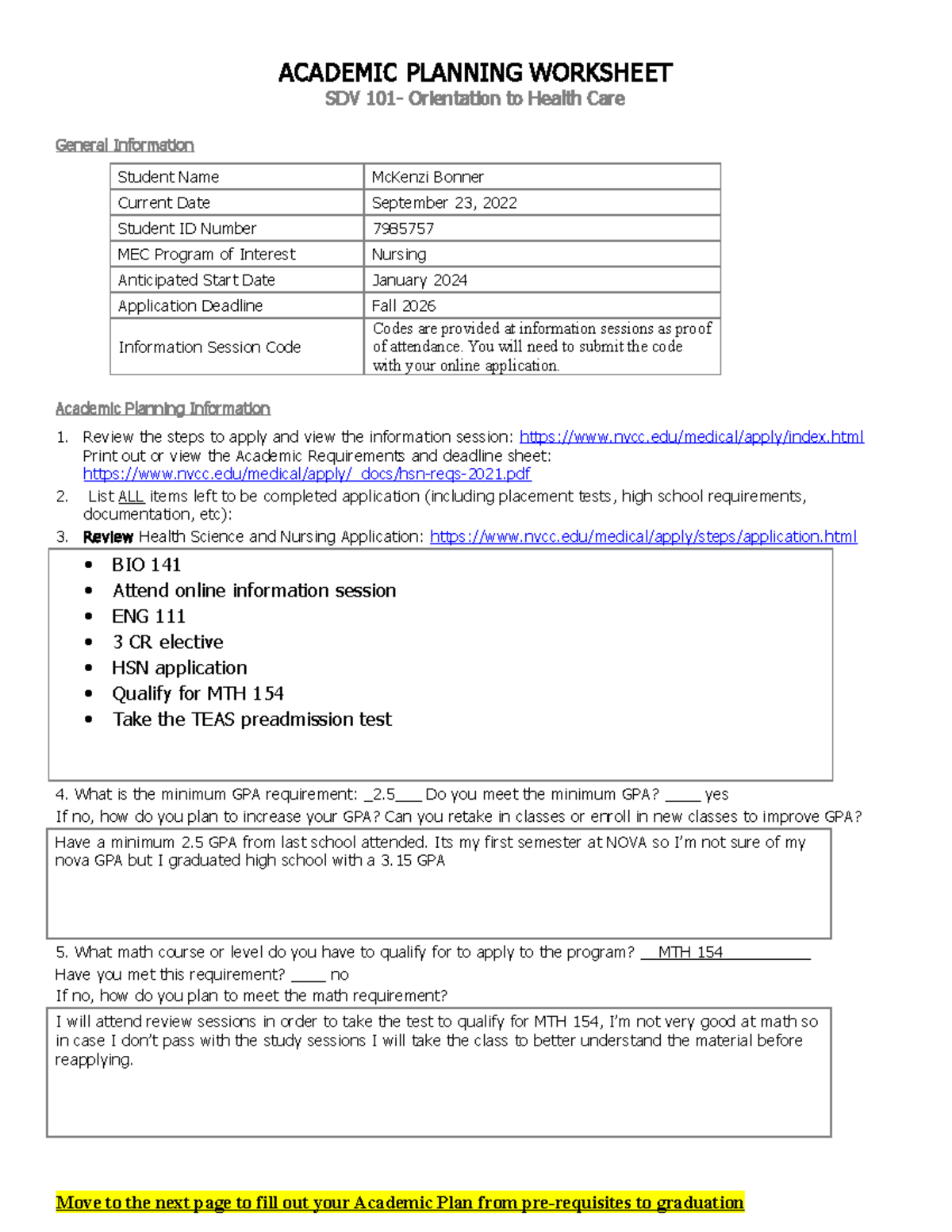 SDV 101 Academic Planning Worksheet for Nursing Program - Studocu