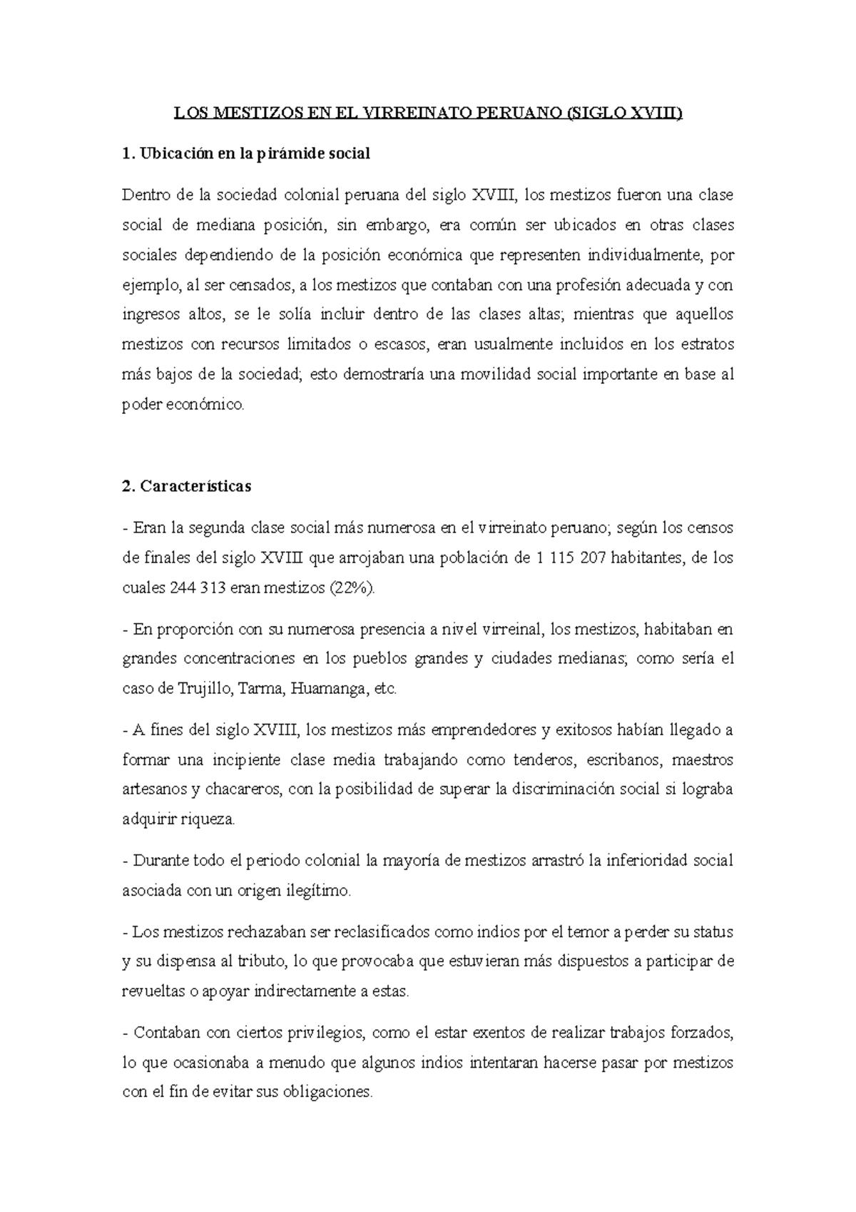 Mestizos en el Virreinato Peruano del Siglo XVIII - JC - Studocu