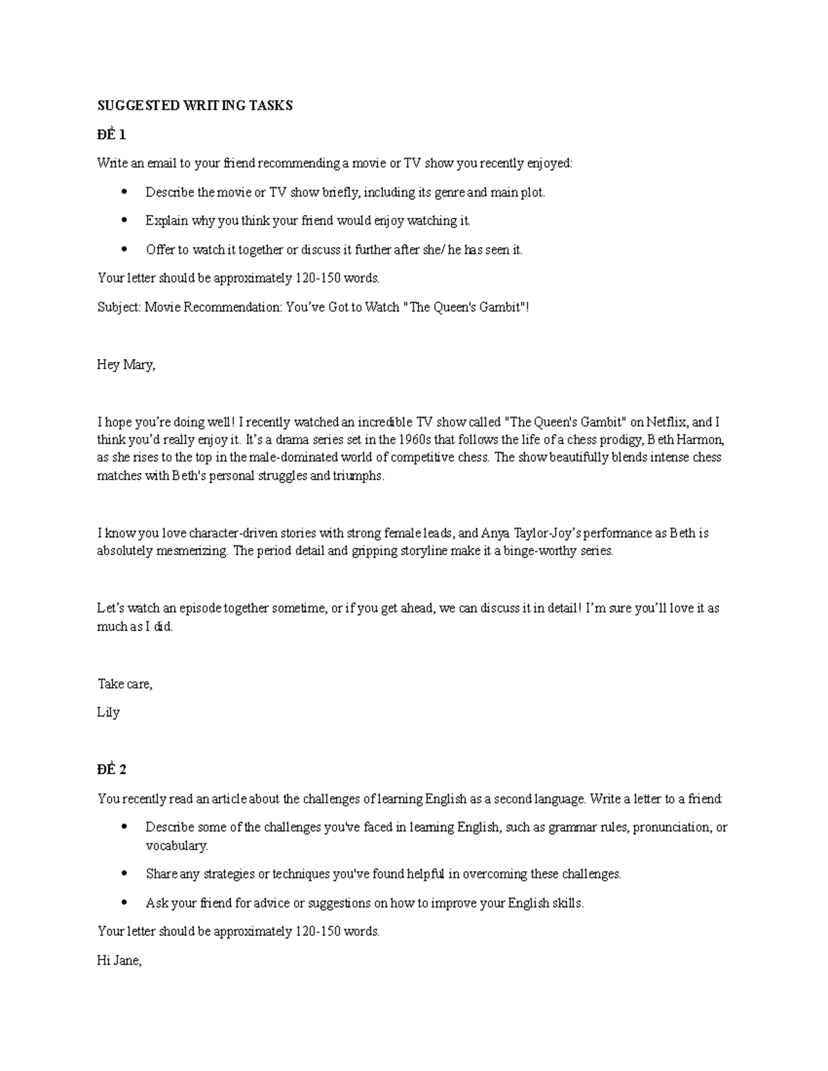 Suggested Writing Tasks 2: Email & Letter Writing Exercises - Studocu