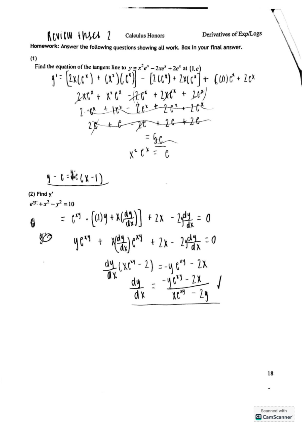 Calculus Honors 2 Review: Derivatives Homework Solutions - Studocu
