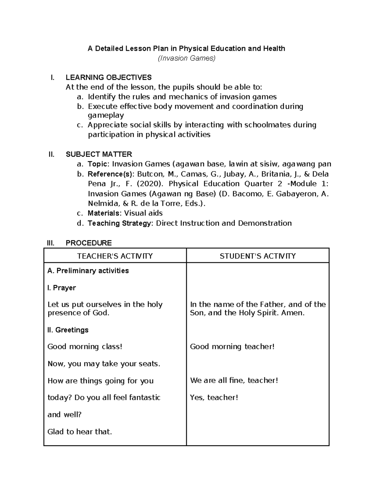 Lesson plan sample - A Detailed Lesson Plan in Physical Education and ...