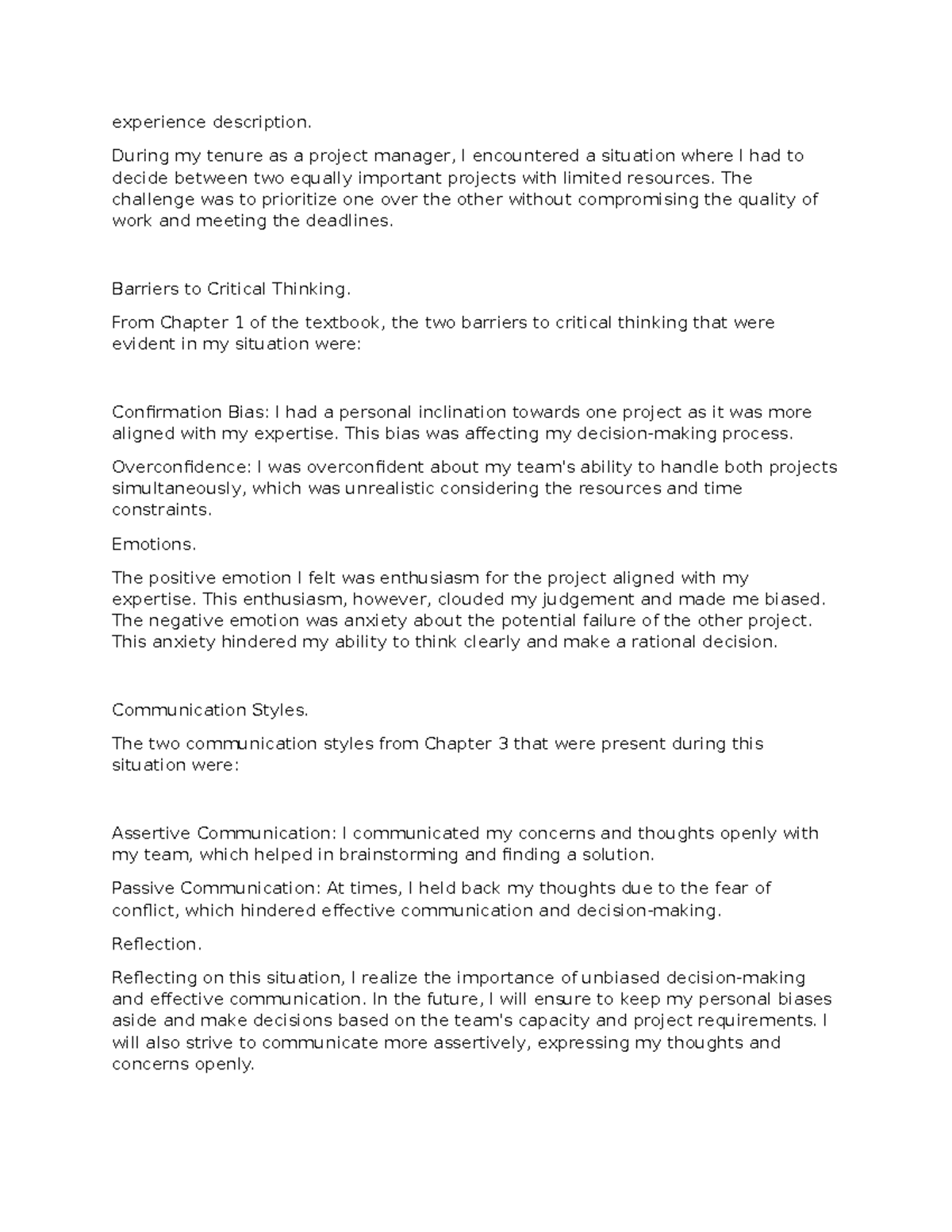 Hum sum assessment week 2 - experience description. During my tenure as ...