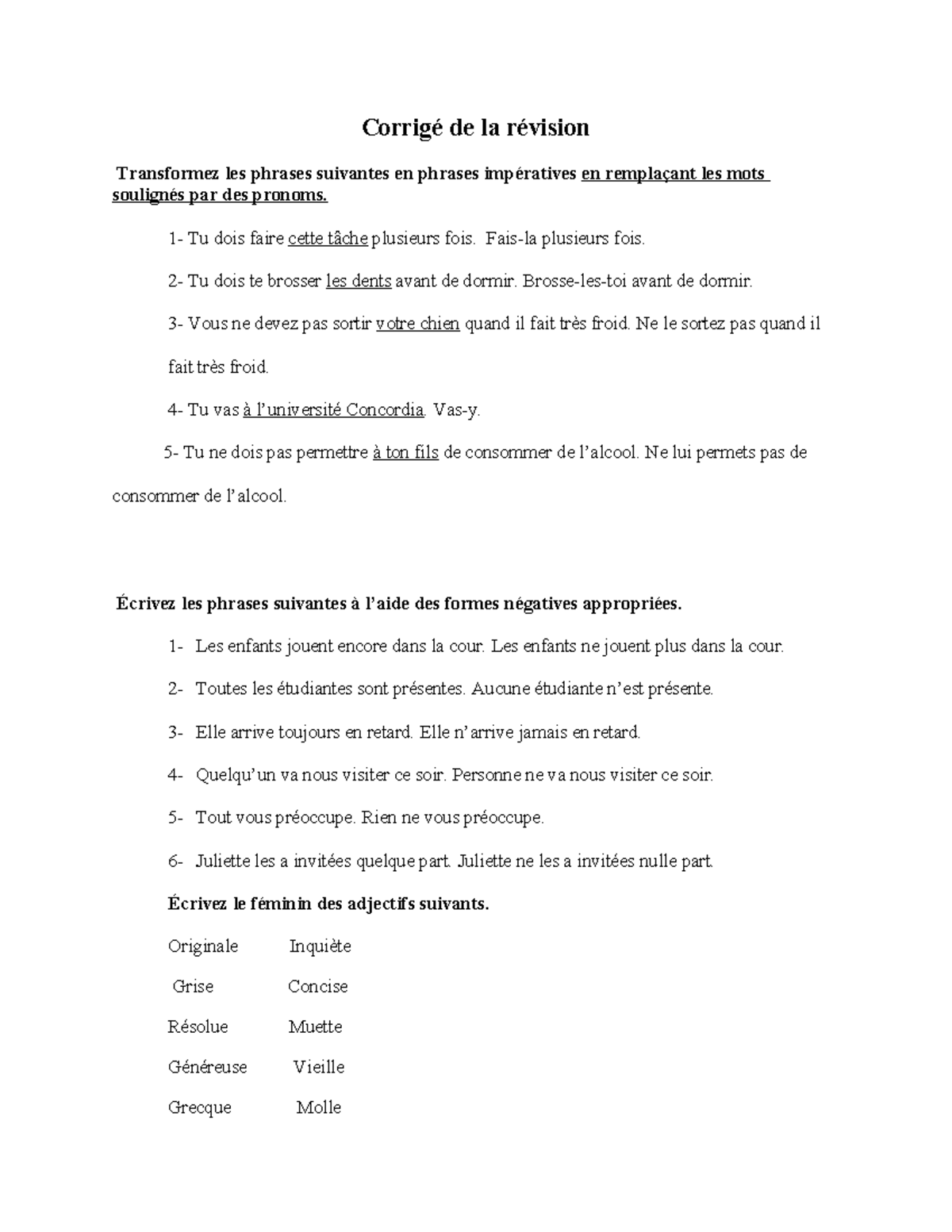 Corrigé de la révision Test 1 Grammaire 2026 - Studocu