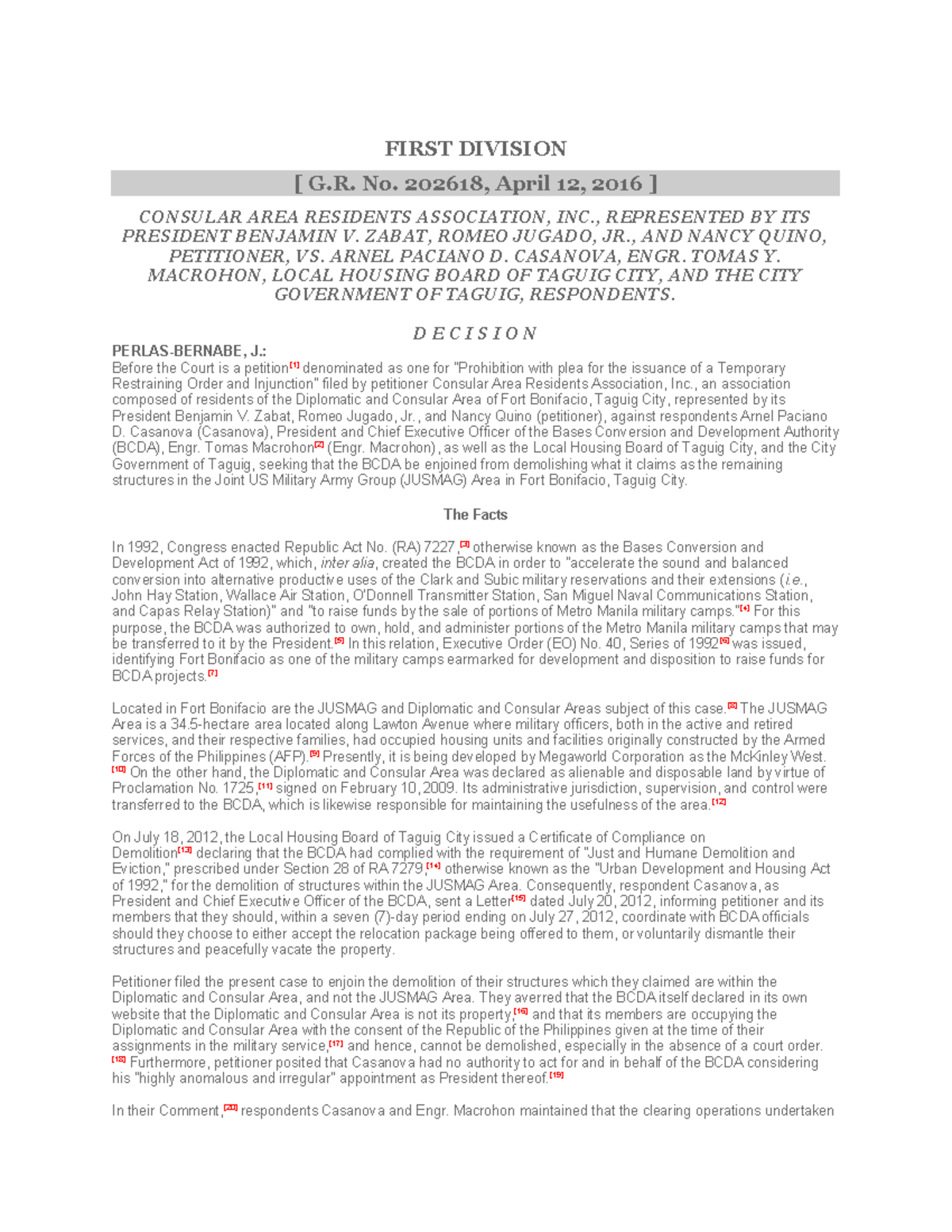 1. Consular Area Residents Association v. Casanova G.R. No. 202618 ...