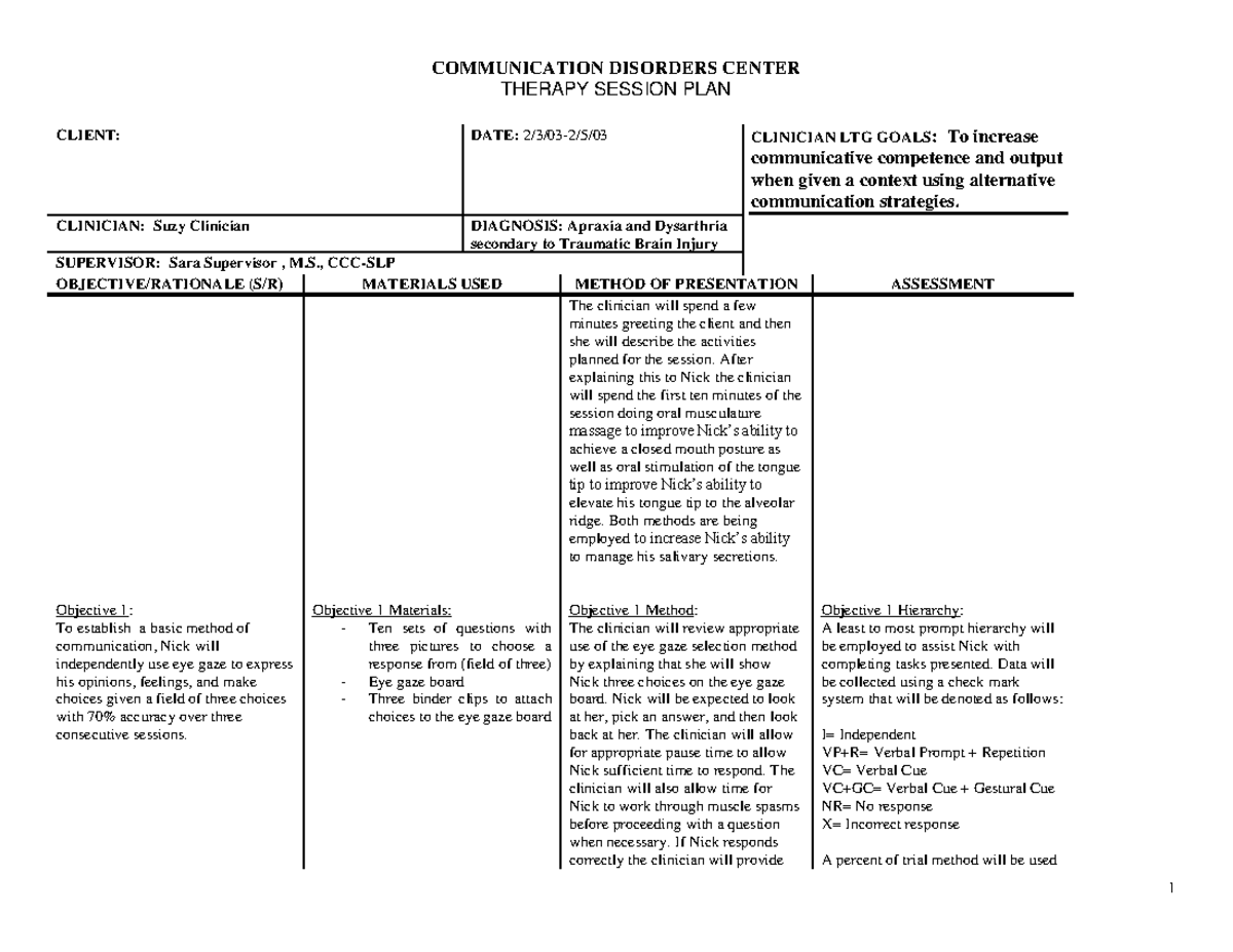 Therapy Session Plan for Apraxia & Dysarthria - Client: Nick - Studocu