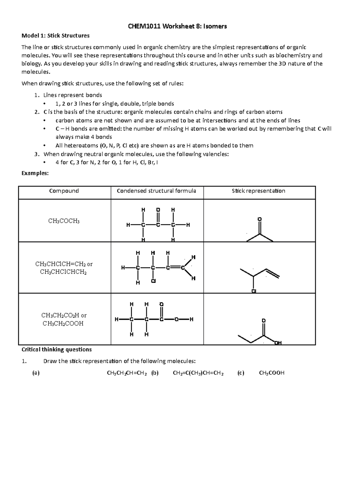 CHEM1011 Tutorial 08: Exploring Isomers and Stick Structures - Studocu