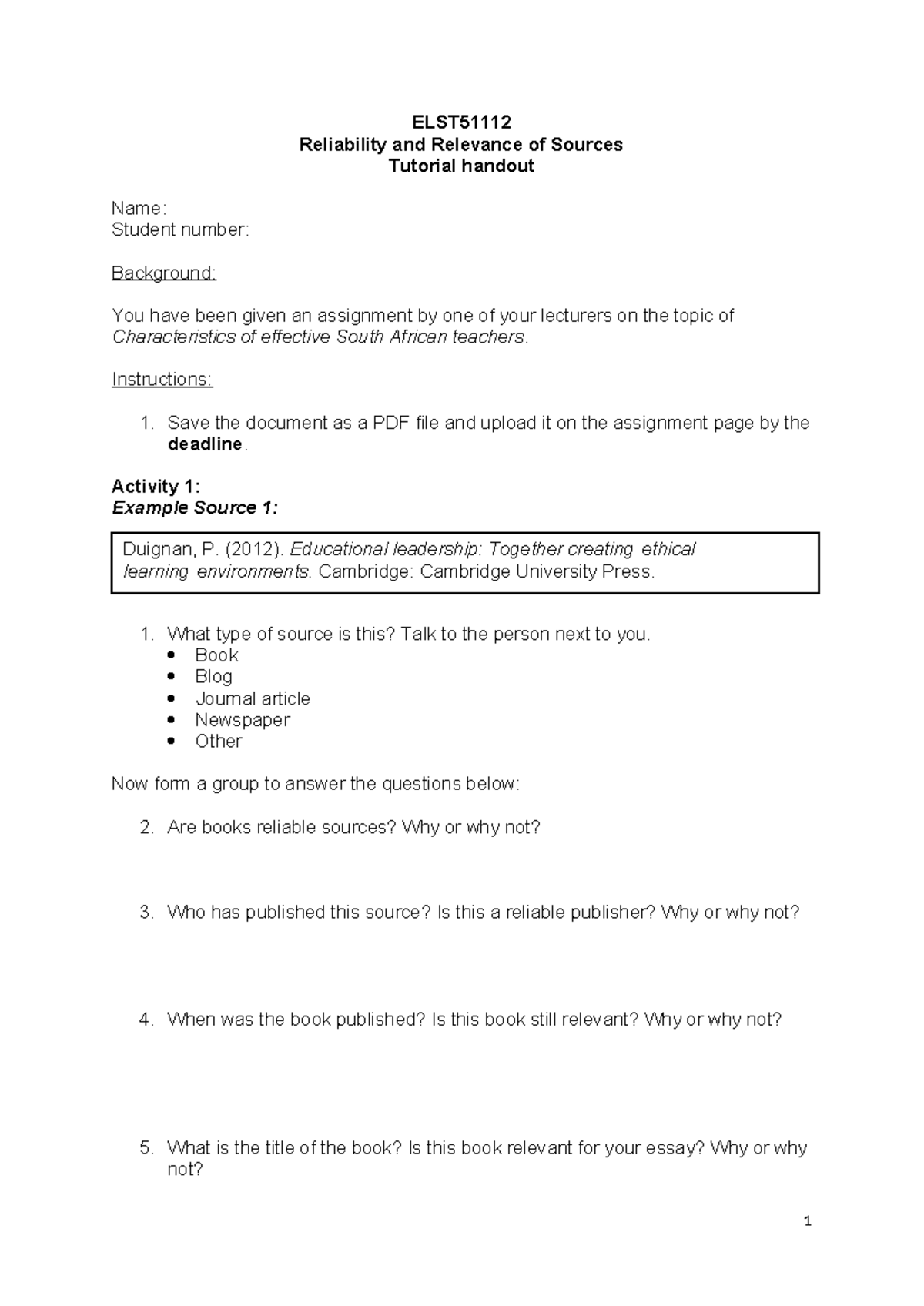Reliability and Relevance of Sources: ELST51112 Tutorial Guide - Studocu