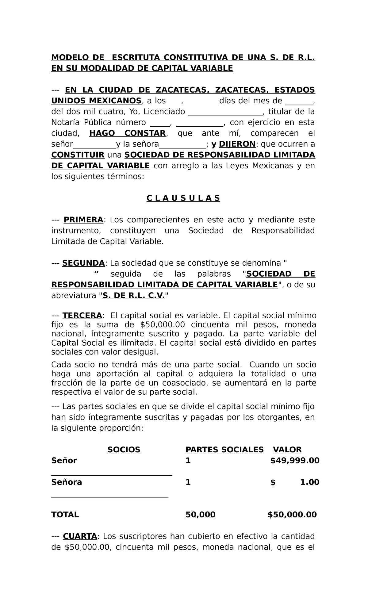 Escritura constitutiva para una sociedad de responsabilidad limitada - Formato listo para usarse ...