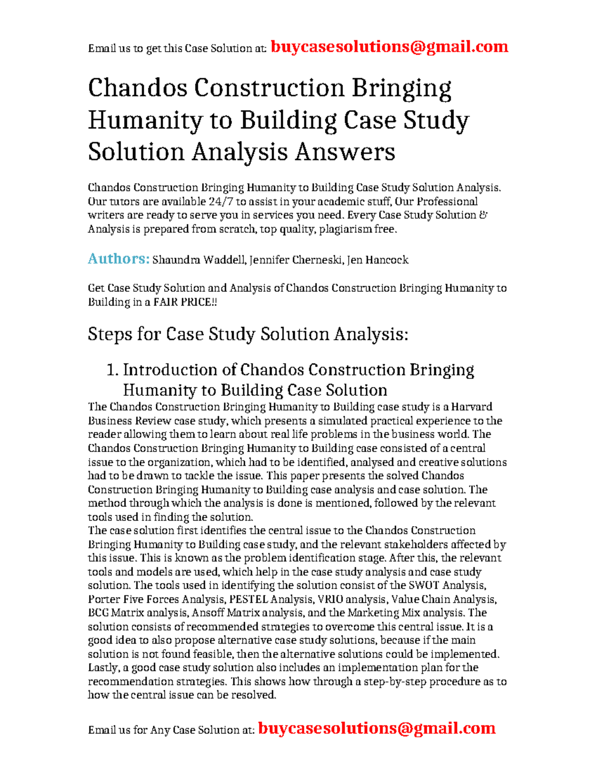 Chandos Construction HBR Case Study Solution & Analysis Summary - Studocu