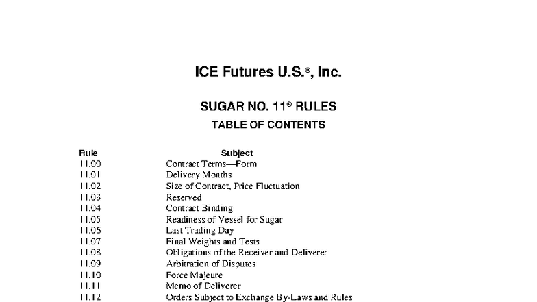 ICE Futures Inc. SUGAR NO. 11 Rules Overview and Guidelines - Studocu