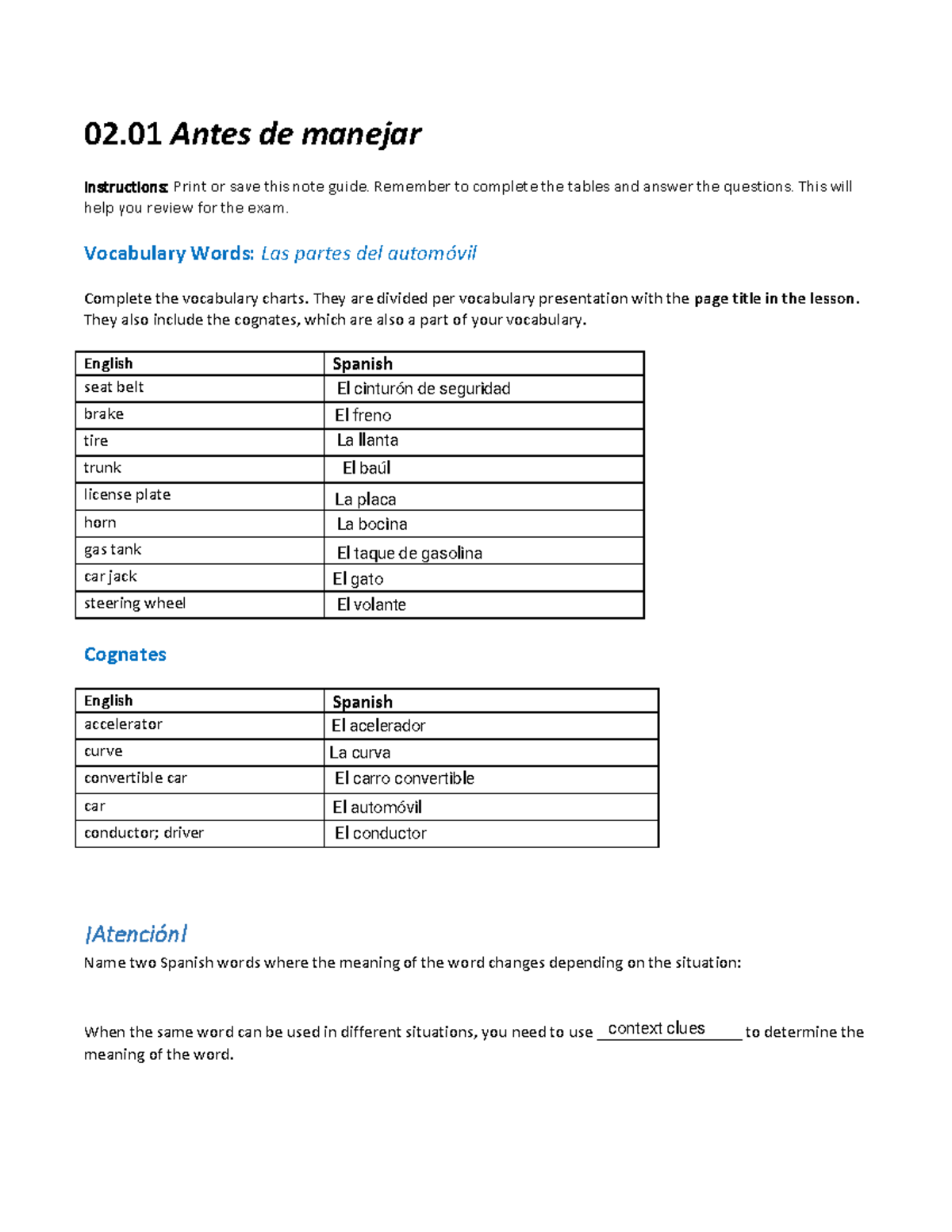 02.01 Spanish 2 Vocabulary & Grammar Notes for Exam Review - Studocu