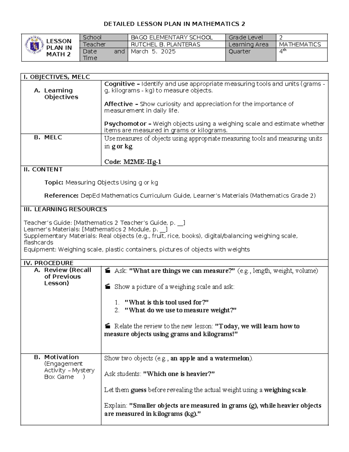 CO MATH2 Q4 DLP - Measuring Objects Using Grams and Kilograms - Studocu