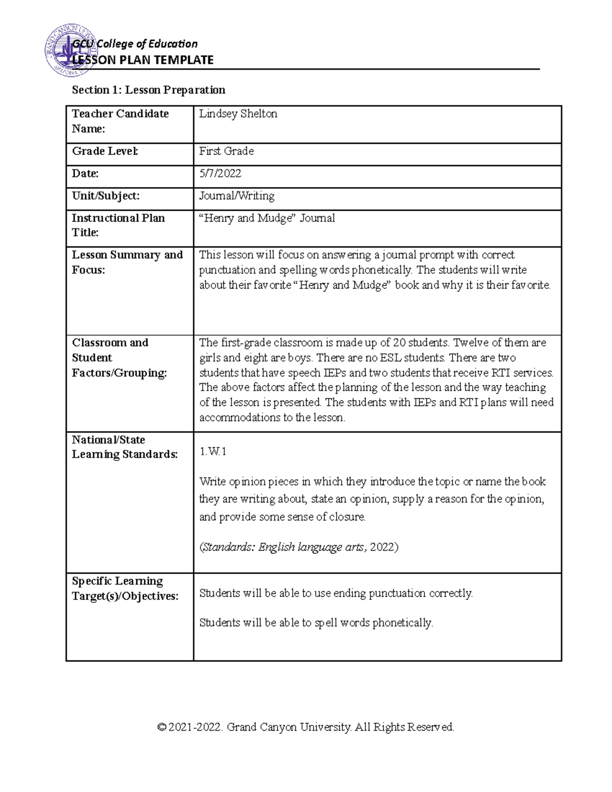 Standards-Based Lesson Plan for First Grade Writing (Benchmark) - Studocu