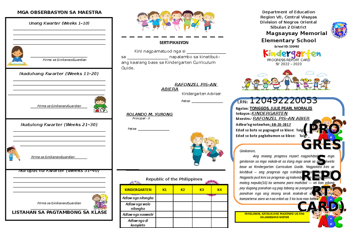 Kinder K12 Progress Report Card for SY 2022-2023 - Studocu
