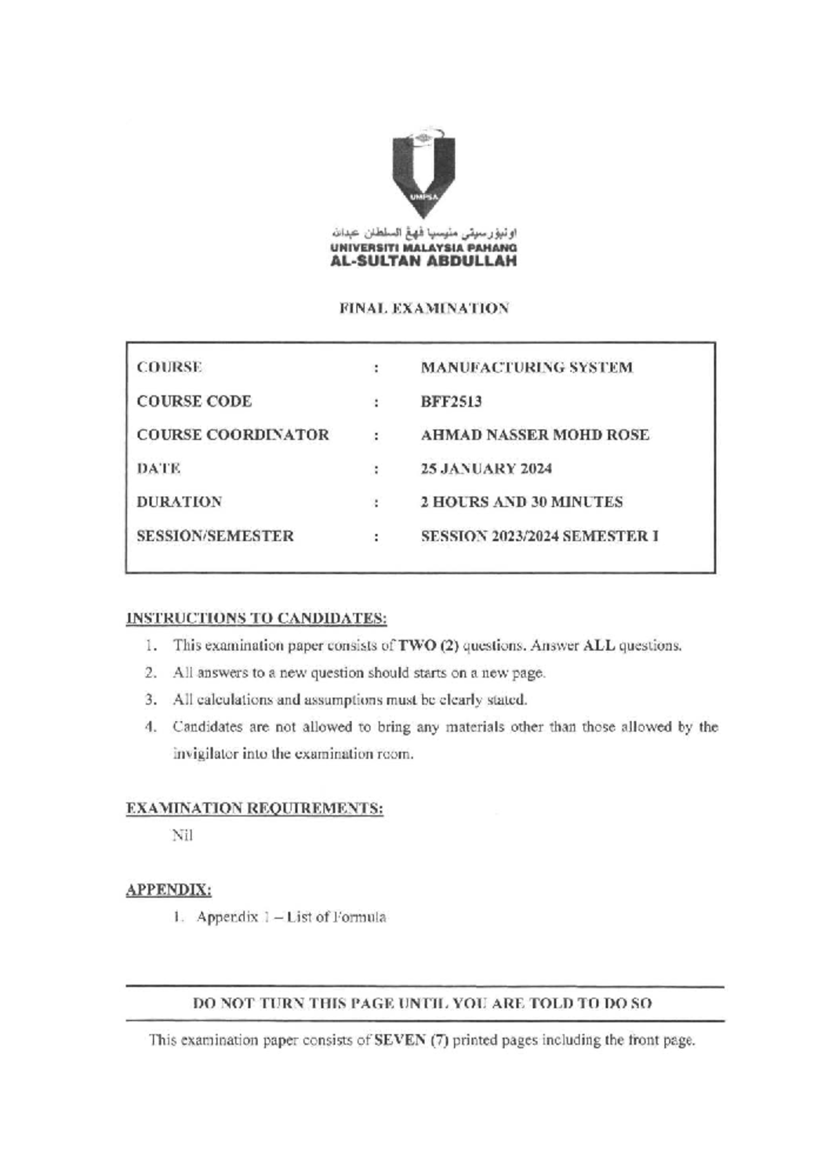 BFF2513 Manufacturing System Final Exam Paper - Semester I 2024 - Studocu