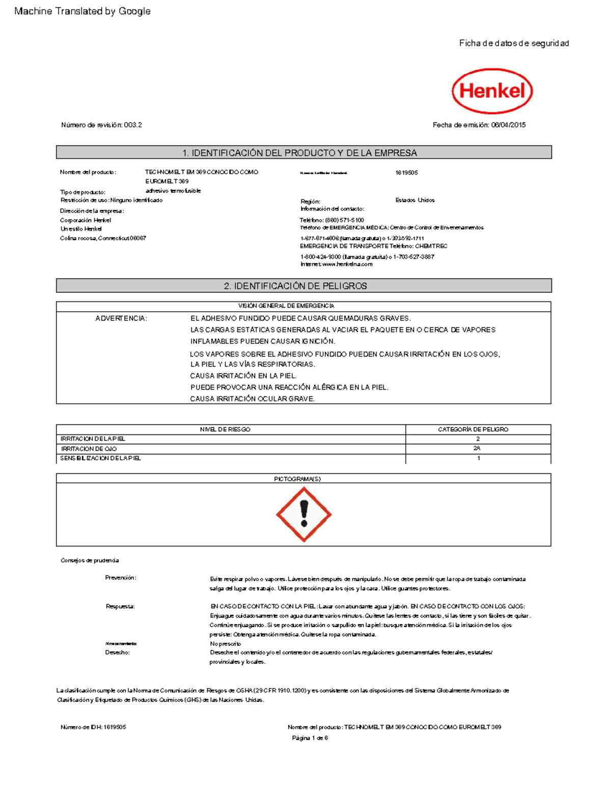 Ficha de Datos de Seguridad: Technomelt EM 369 (Adhesivo) - Studocu