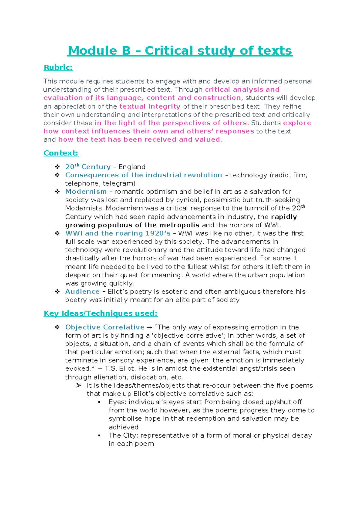 Eliot notes - Module B – Critical study of texts Rubric: This module ...