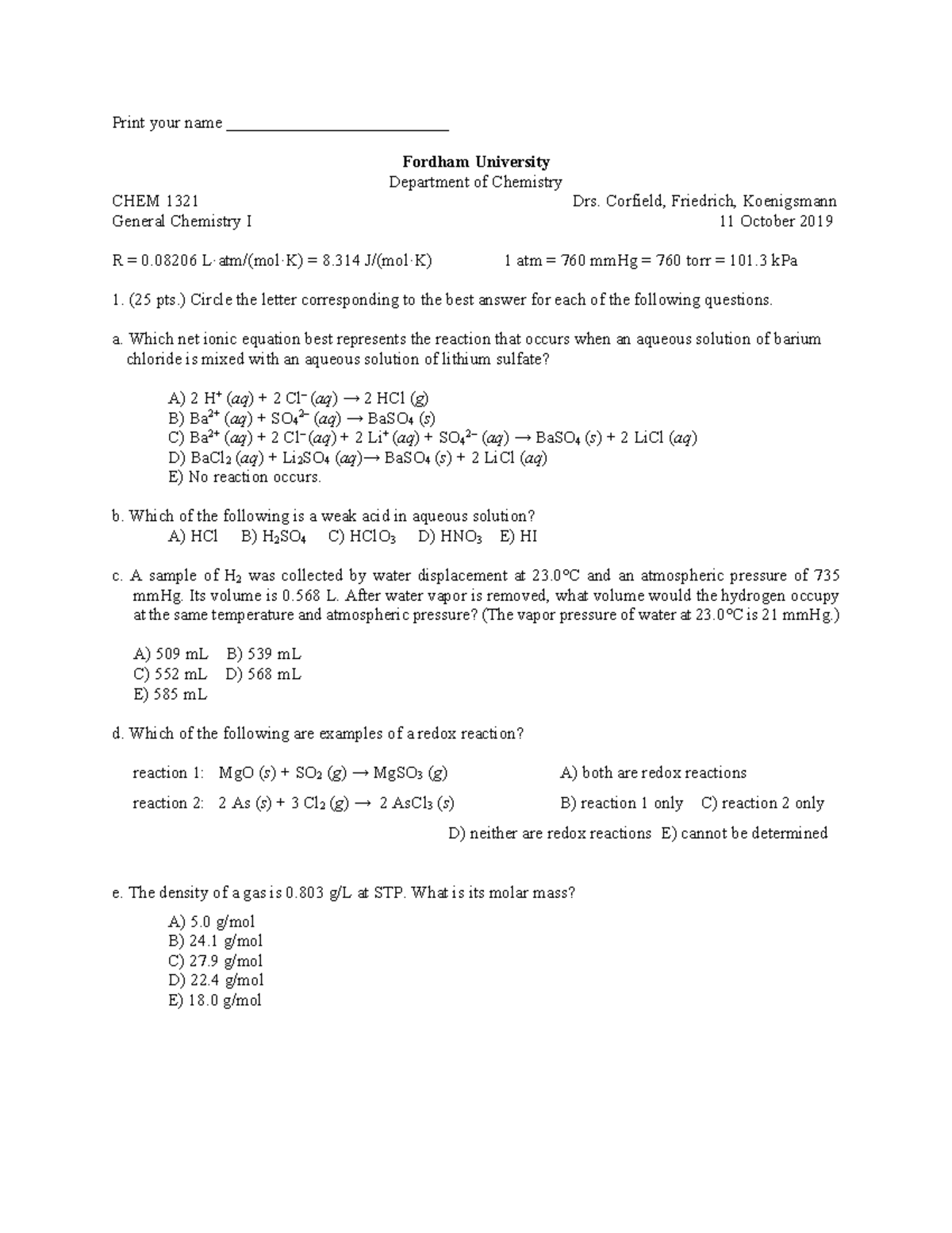 Gen Chem 1 CHEM 1321 Exam 2 Practice Packet - Studocu