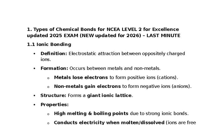 NCEA Level 2 Chemistry: Bonding & Structure Notes for 2026 Exam - Studocu