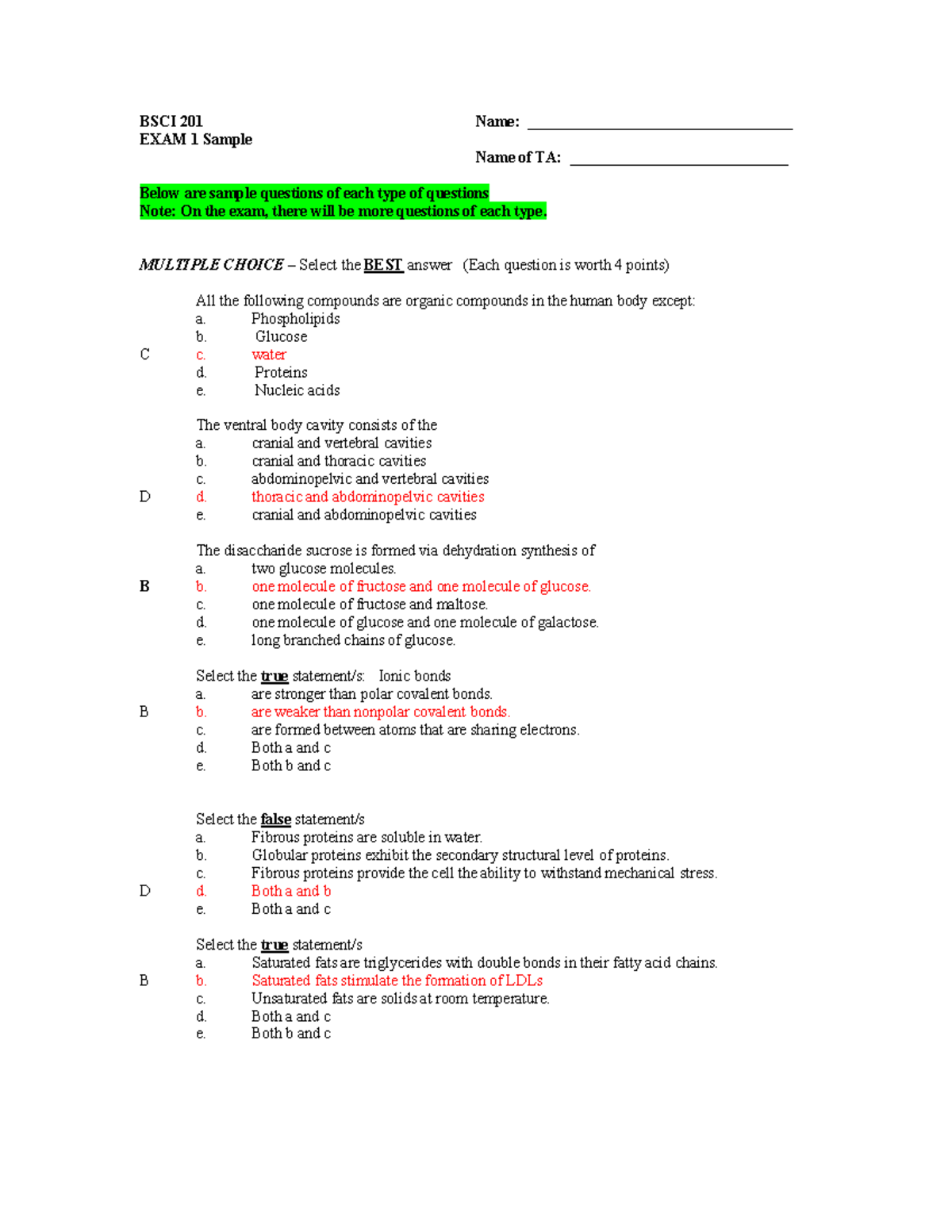 BSCI 201 Exam 1 Sample Questions & Answers Guide - Studocu