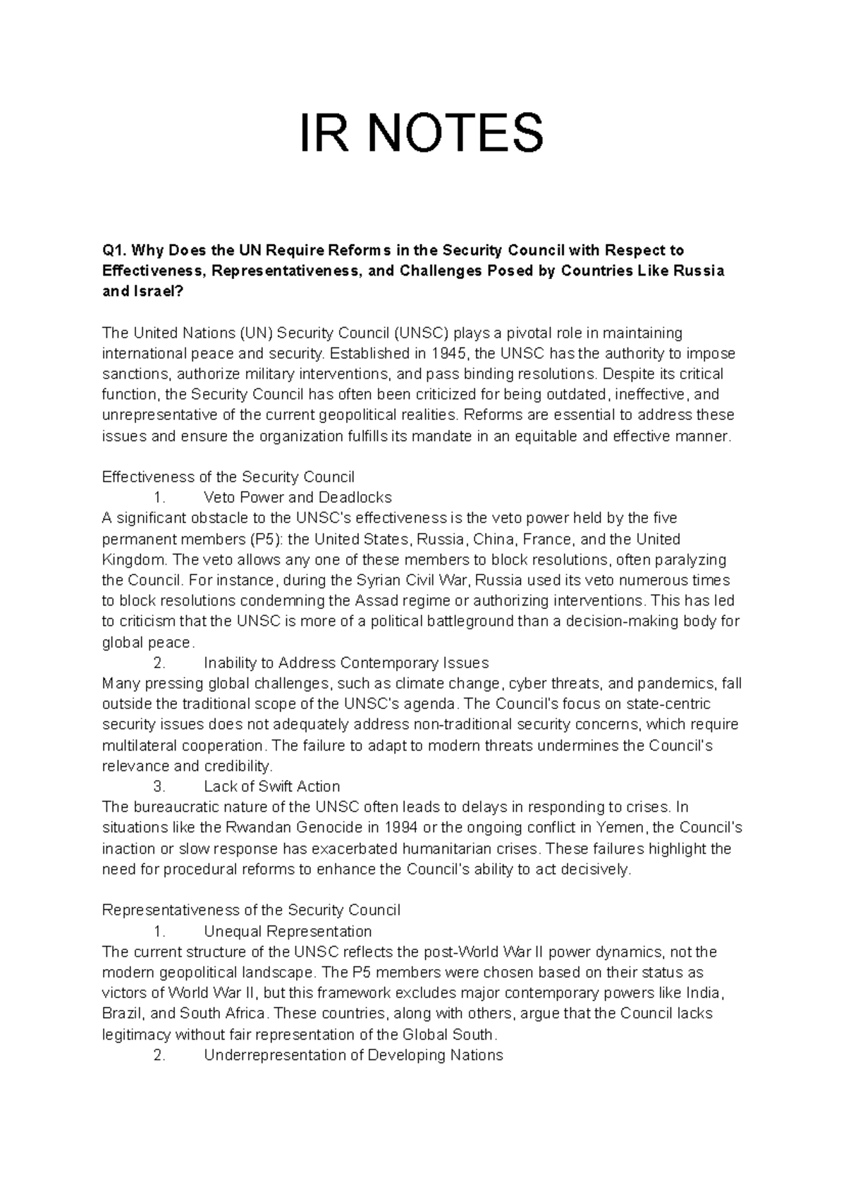 IR Notes - IR NOTES Q1. Why Does the UN Require Reforms in the Security ...