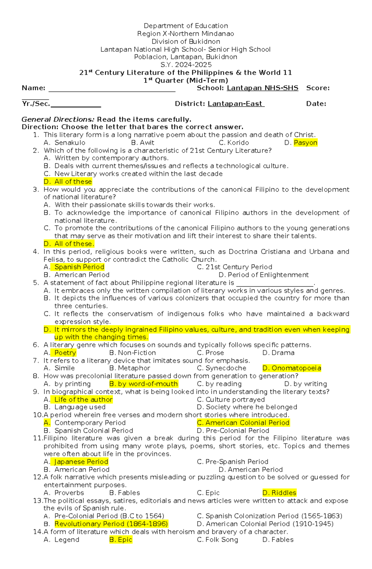 21st Century Literature of the Philippines: Midterm Exam Answer Key - Studocu