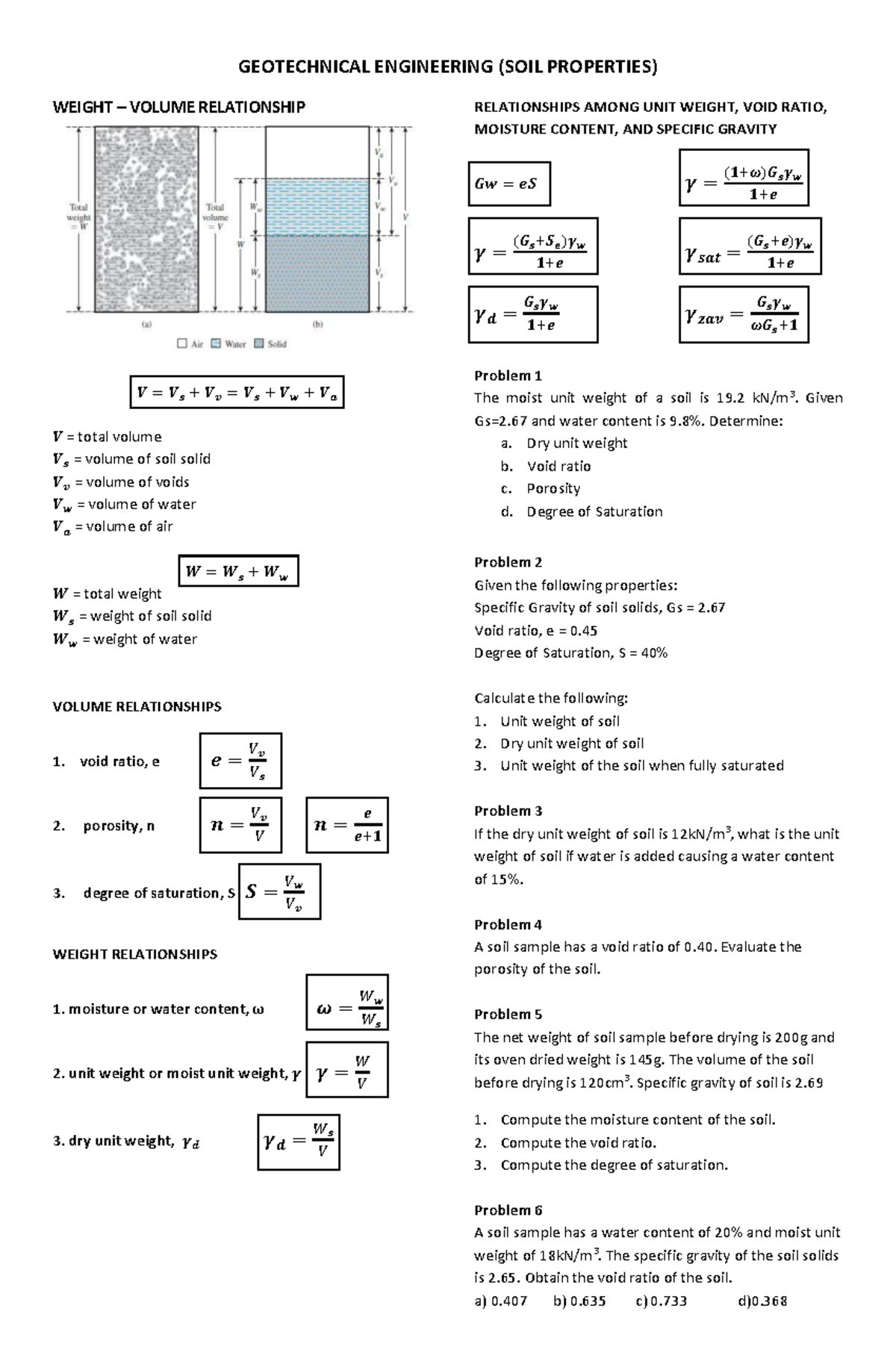GEOTECHNICAL ENGINEERING (SOIL PROPERTIES) UNIT WEIGHT & VOID RATIO ...