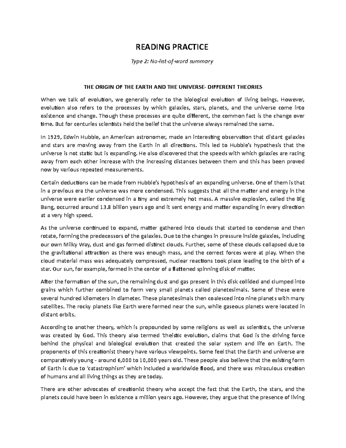 Summary Completion - READING PRACTICE Type 2: No-list-of-word summary ...