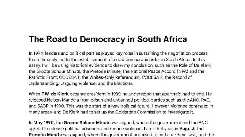 The Path to Democracy in South Africa: Key Events & Leaders - Studocu