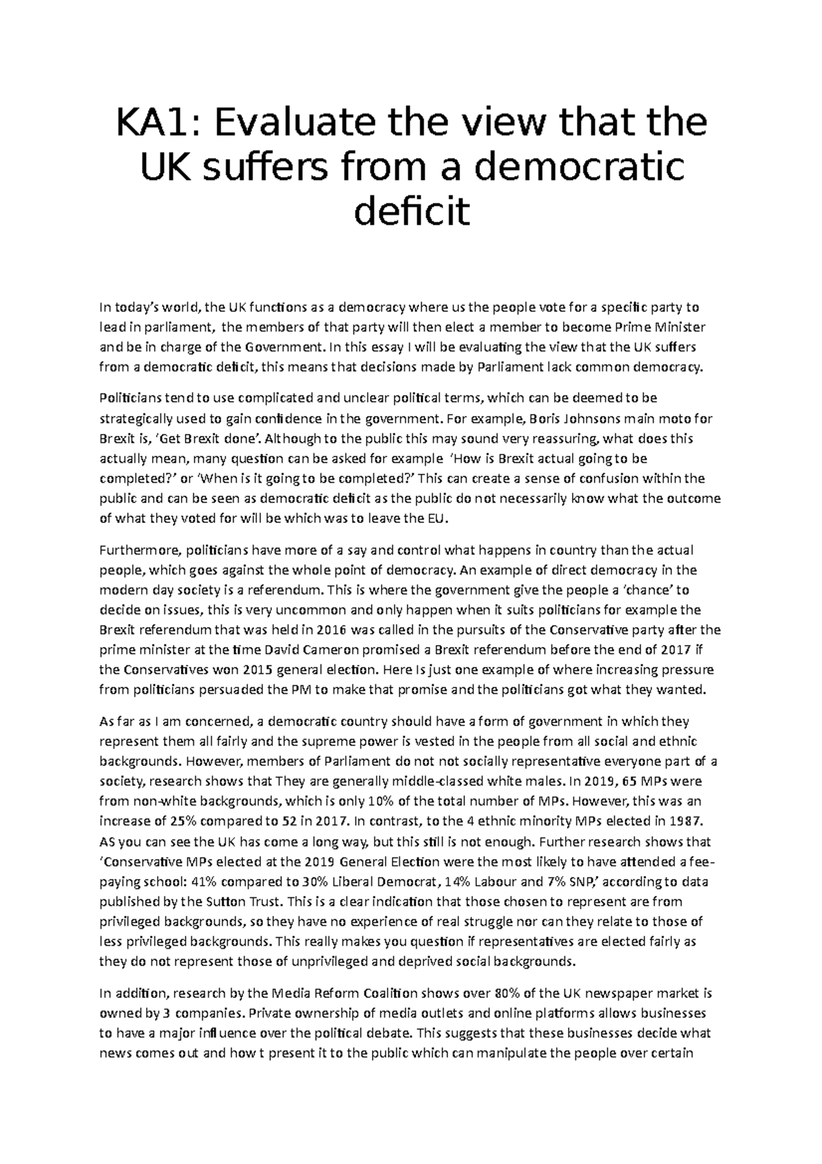 KA1 - Evaluating the Democratic Deficit in the UK: Key Insights - Studocu