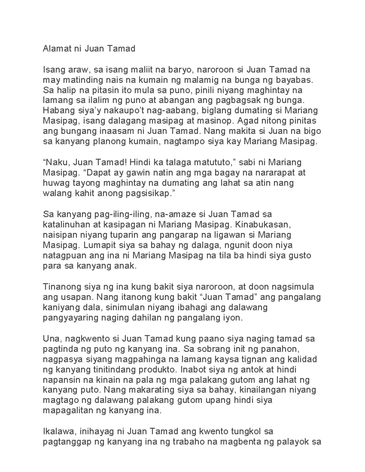 Alamat ni Juan Tamad - lecture notes - Alamat ni Juan Tamad Isang araw ...