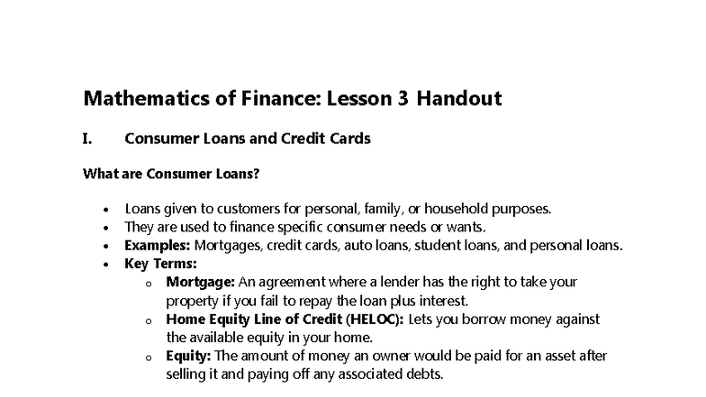 Mathematics of Finance: Final Lesson 3 on Consumer Loans & Investments ...