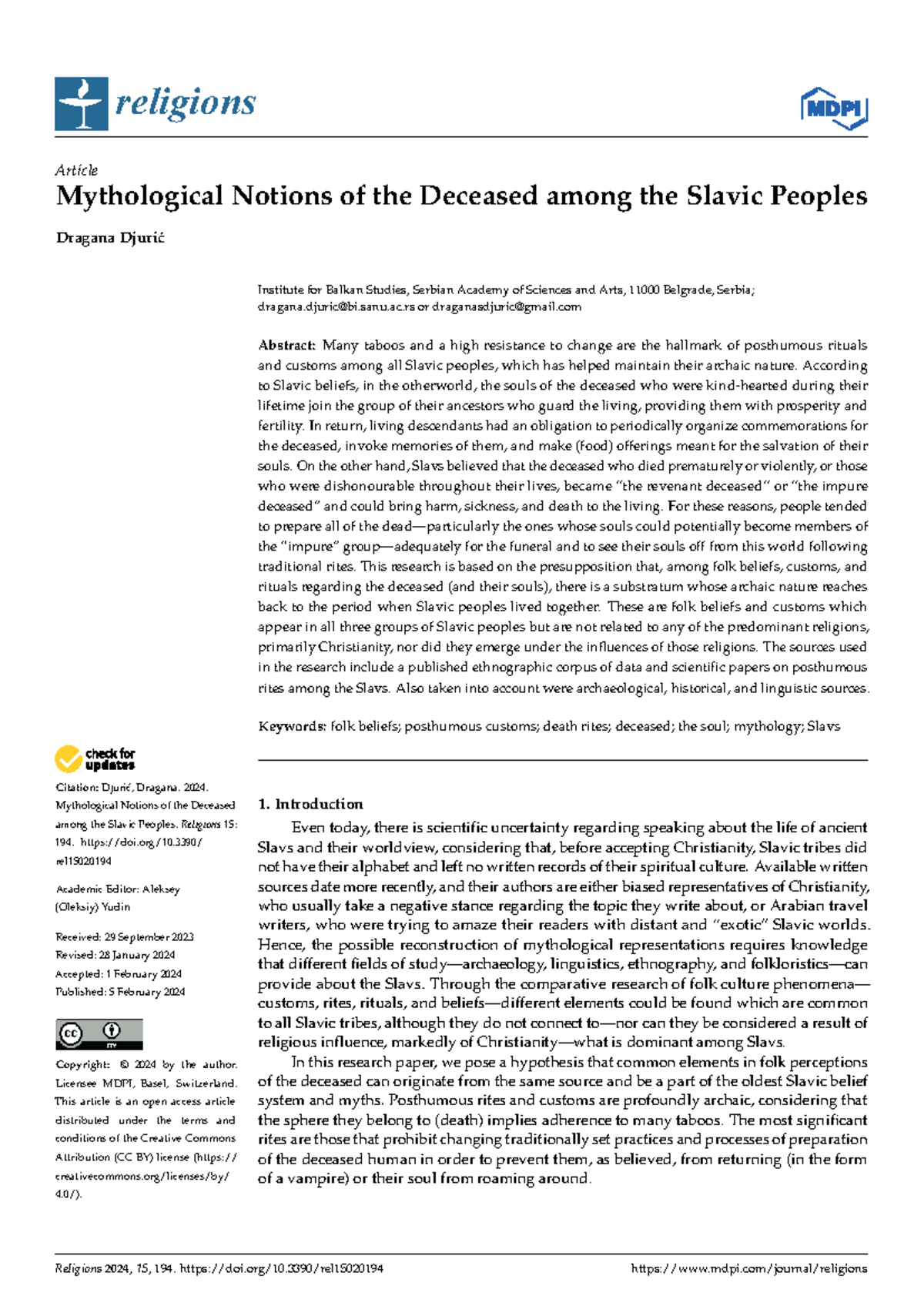 Mythological Notions of the Deceased among Slavic Peoples (REL15020194 ...