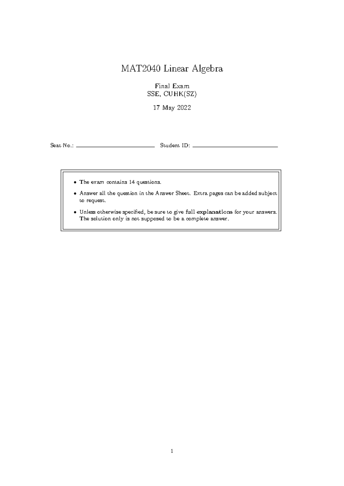 MAT2040 Linear Algebra Final Exam Notes - 17 May 2022 - Studocu