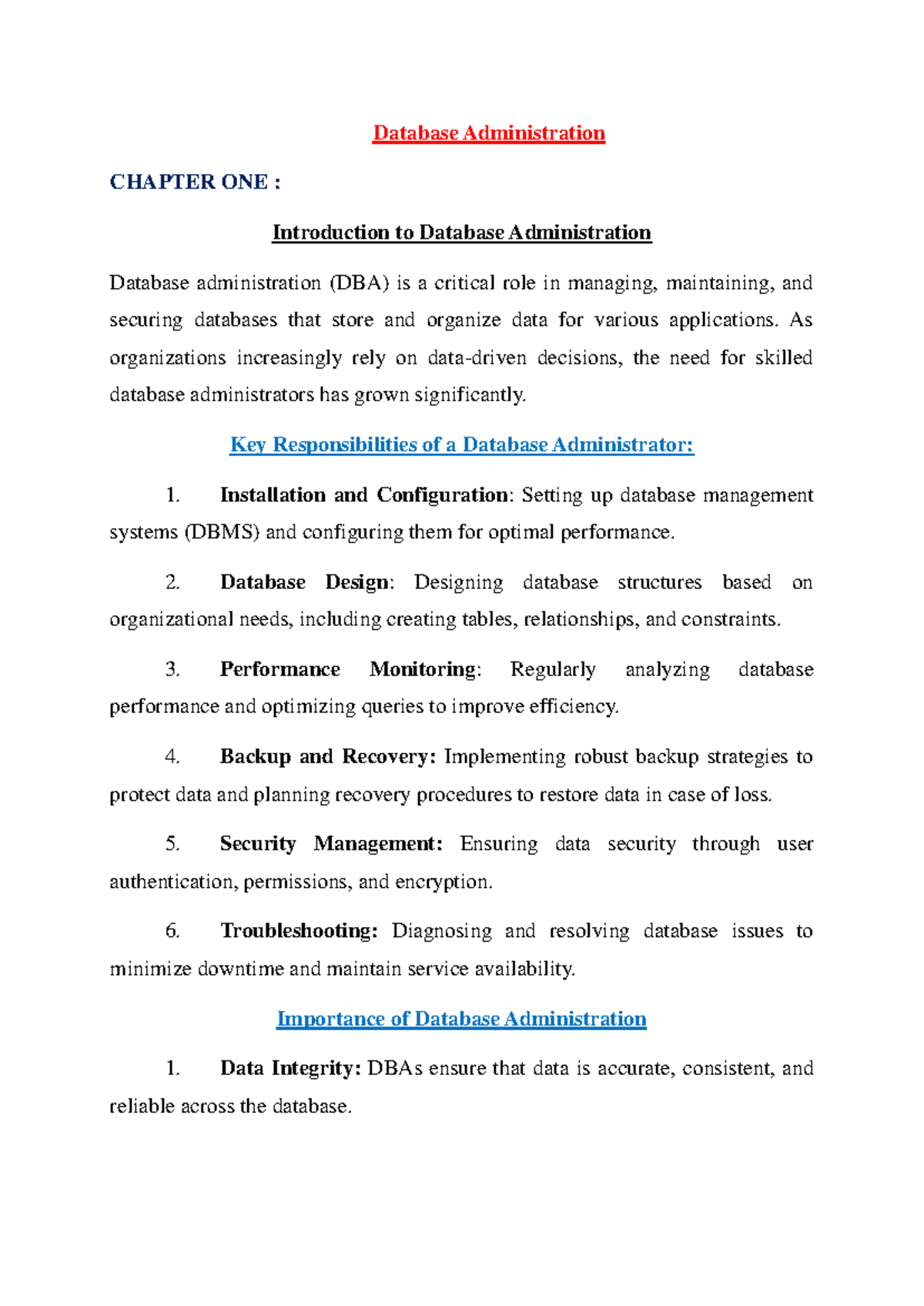 Database Administration Level 2: Intro to DBA and Key Concepts - Studocu