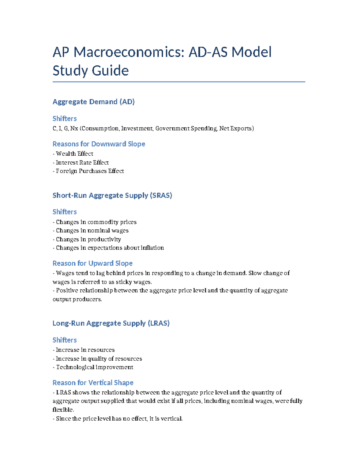 AD AS Study Guide Expanded - AP Macroeconomics: AD-AS Model Study Guide ...