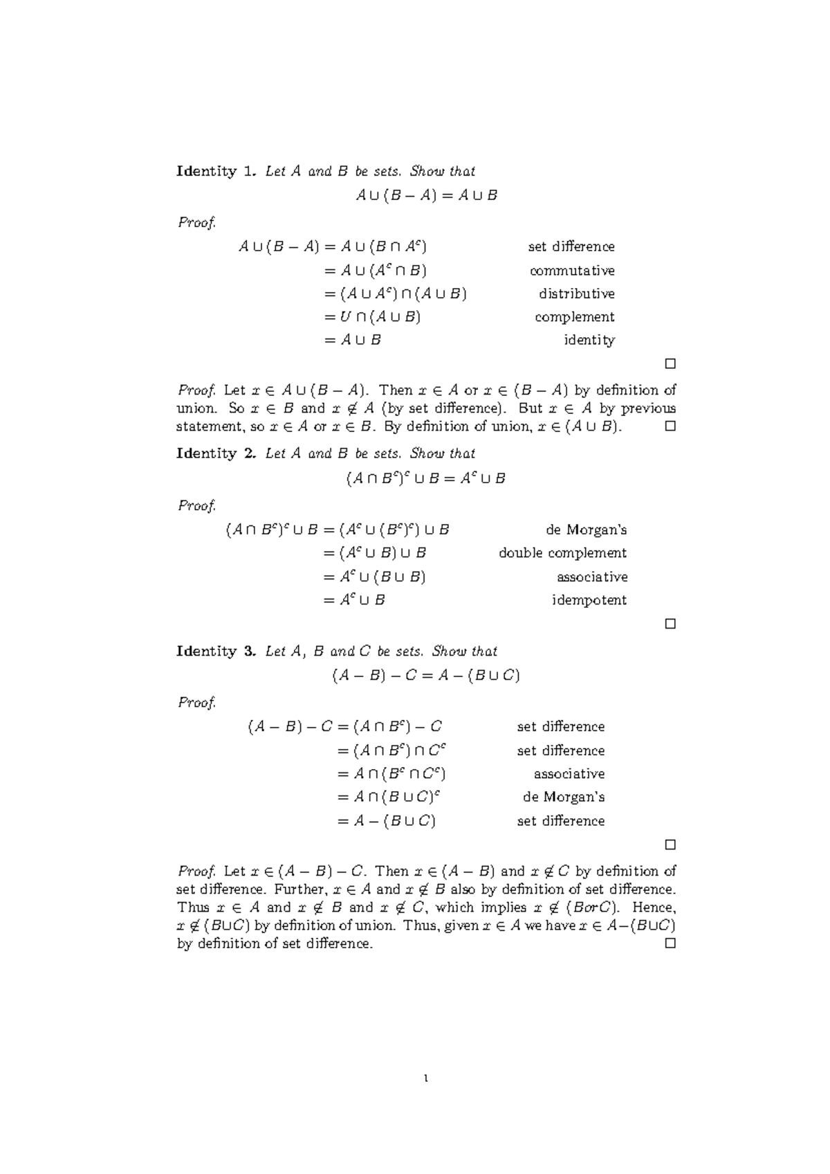 Set Proofs: Identities and Properties of Set Operations - Studocu