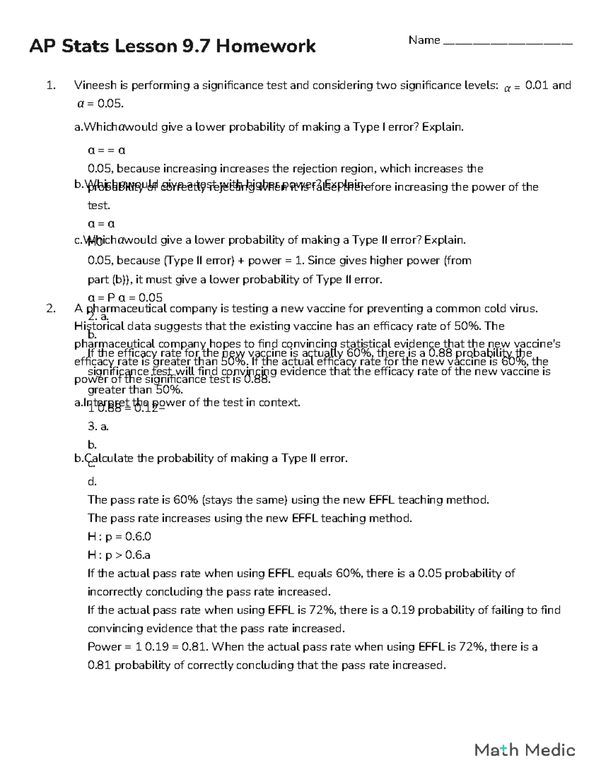 AP Stats 9.7 Homework - Significance Tests and Errors Analysis - Studocu