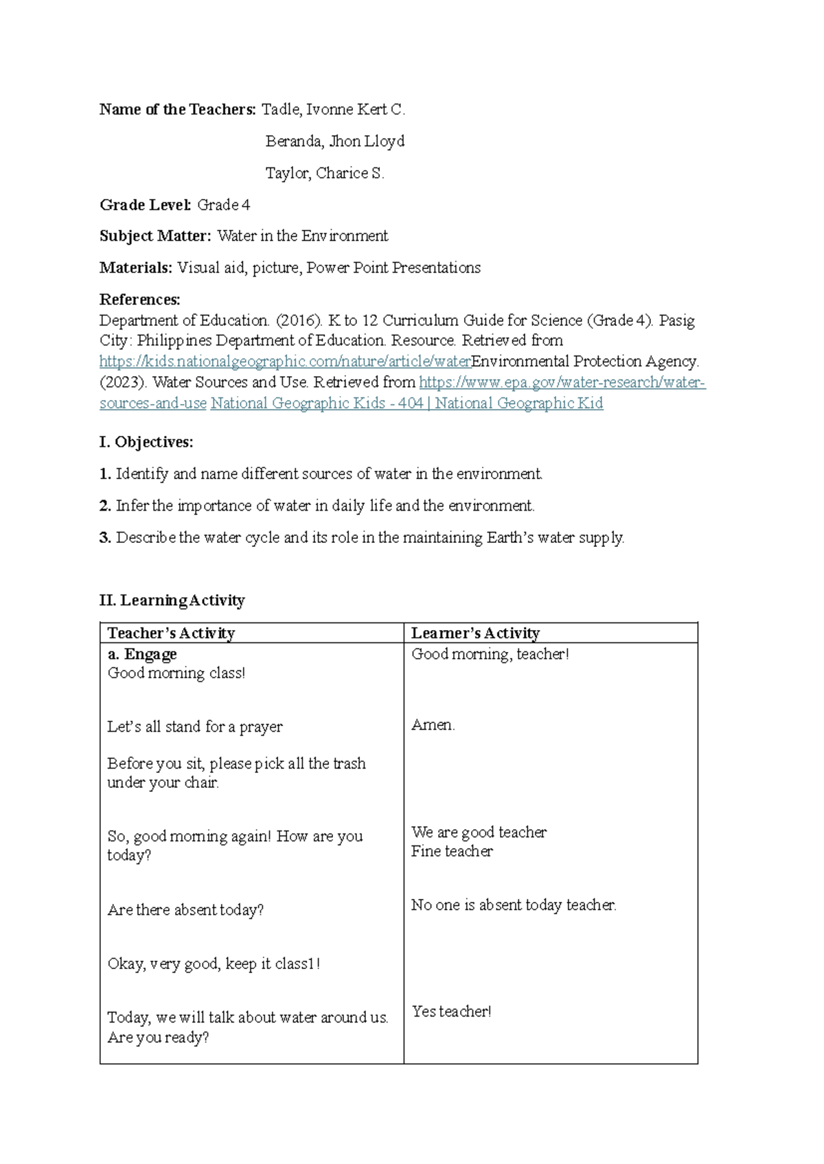 Lesson Plan (Science) 5E's: Water in the Environment (Grade 4) - Studocu