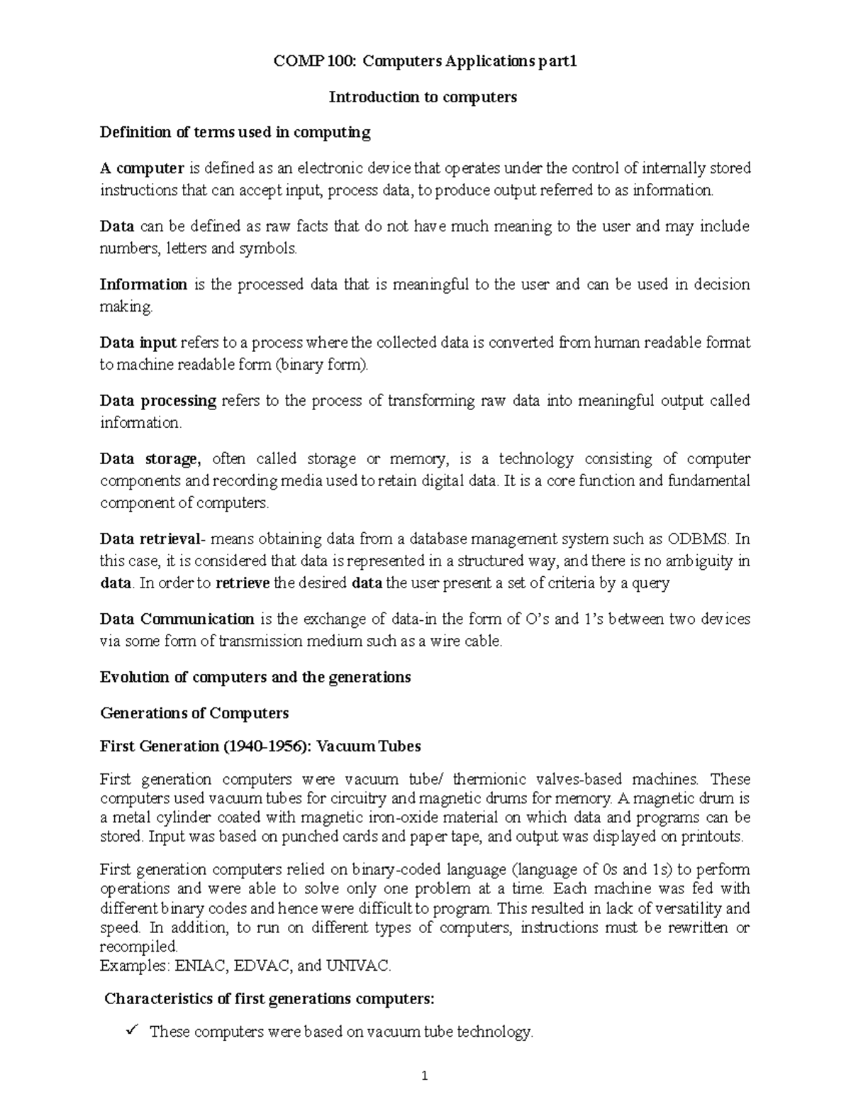 COMP 101 Computers Applications: Key Concepts & Generations Overview - Studocu