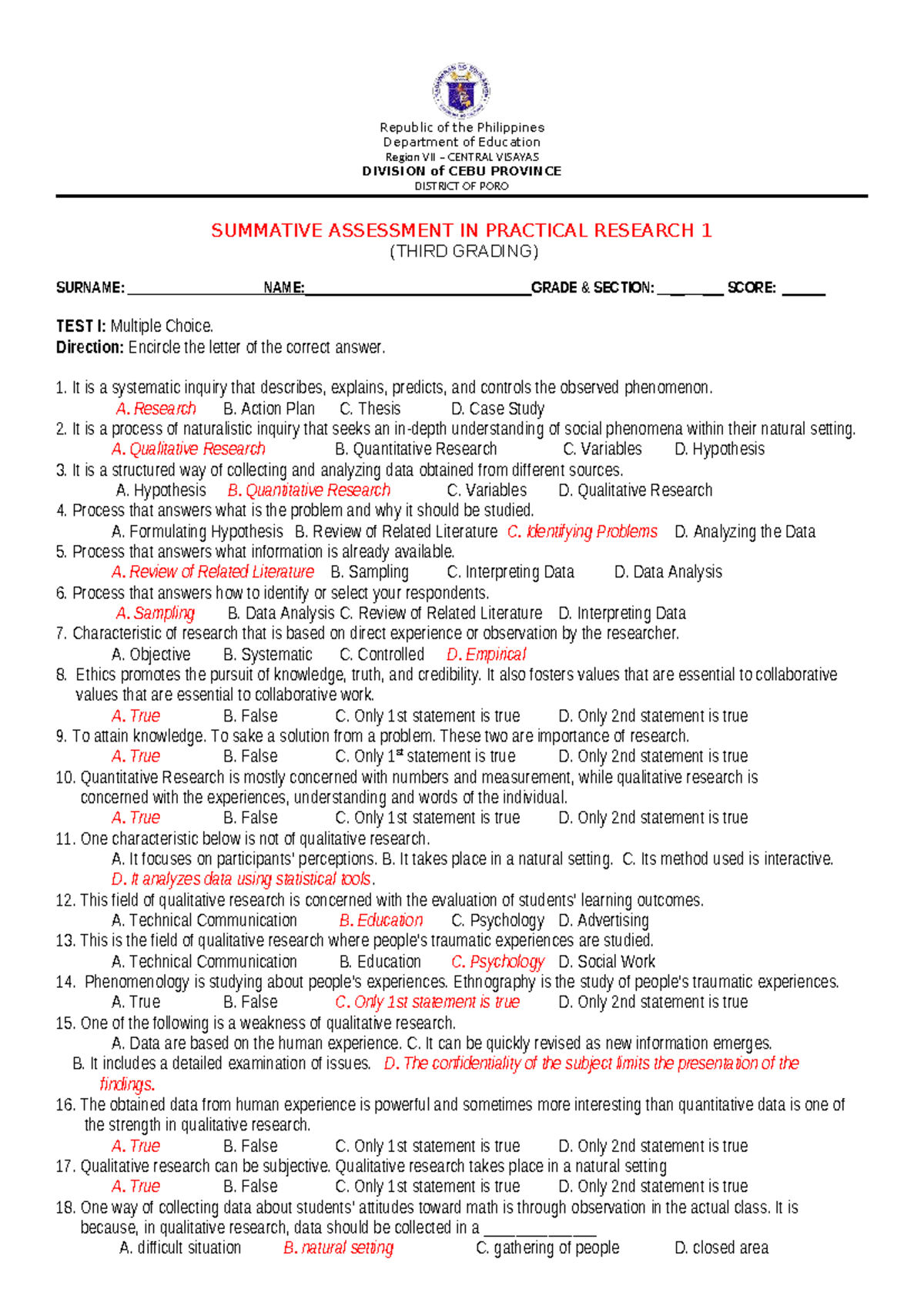 Summative Assessment in Practical Research 1 (PR 1) - 3rd Grading - Studocu